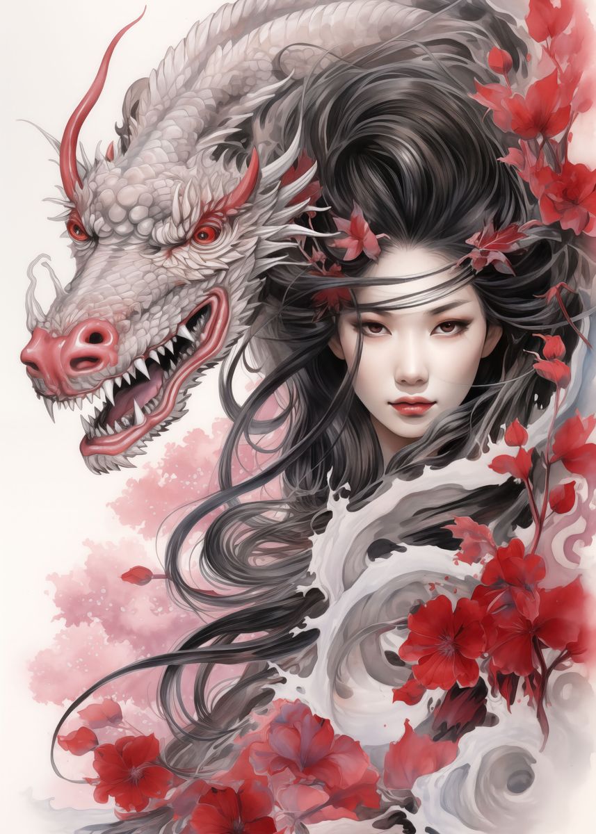 'Dragon and a Geisha' Poster, picture, metal print, paint by amaiaarts ...