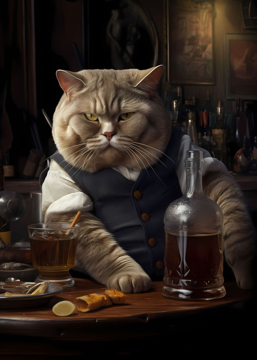 'Fat Cat Beer Pub Bar Drink' Poster, picture, metal print, paint by ...