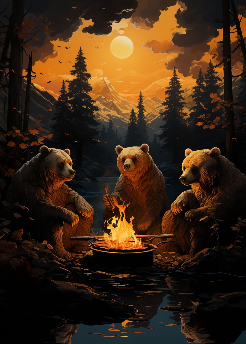 'Bears sitting a campfire ' Poster, picture, metal print, paint by ...