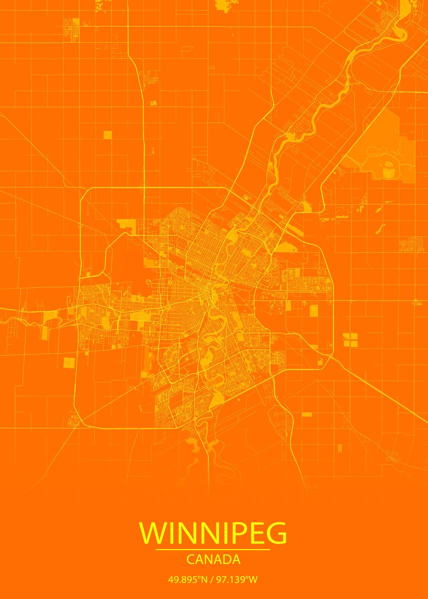 'Winnipeg Orange City Map' Poster, picture, metal print, paint by Wall ...