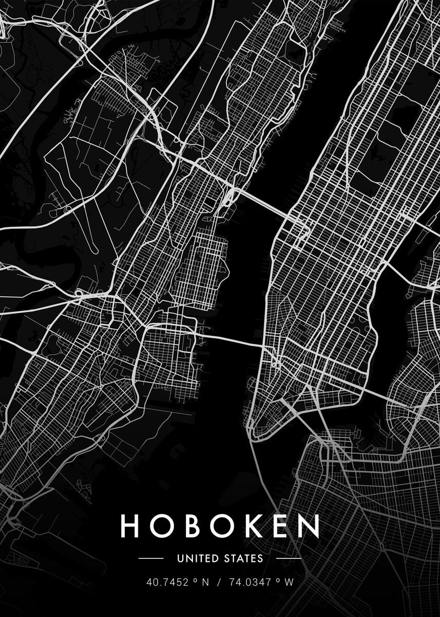 'Hoboken City Map Dark' Poster, picture, metal print, paint by MVDZ ...