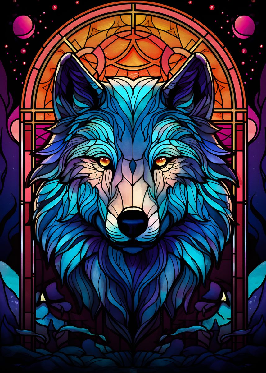 'wolf stained glass colorfu' Poster, picture, metal print, paint by ...