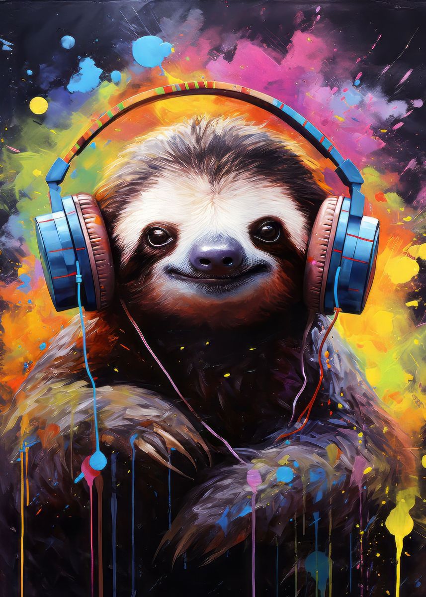 'Funny Sloth DJ' Poster, picture, metal print, paint by Alisson | Displate