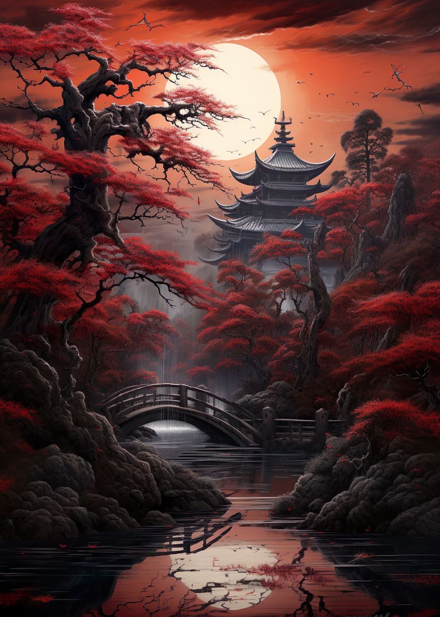 'Sunset Japanese Village' Poster, picture, metal print, paint by Candy ...