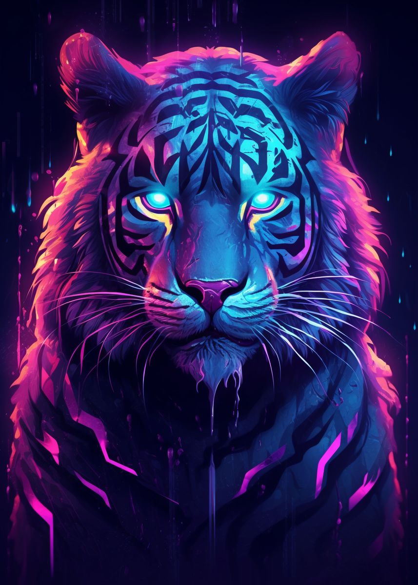 'Neon Synthwave Tiger' Poster, picture, metal print, paint by ...