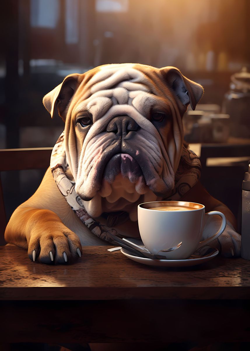 'Bulldog Coffee Cute Dog' Poster, picture, metal print, paint by ...