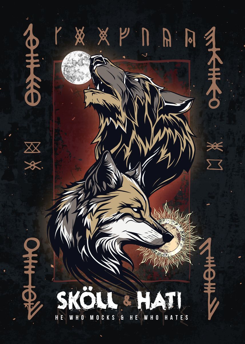 'Skoll and Hati' Poster, picture, metal print, paint by ikaruna | Displate