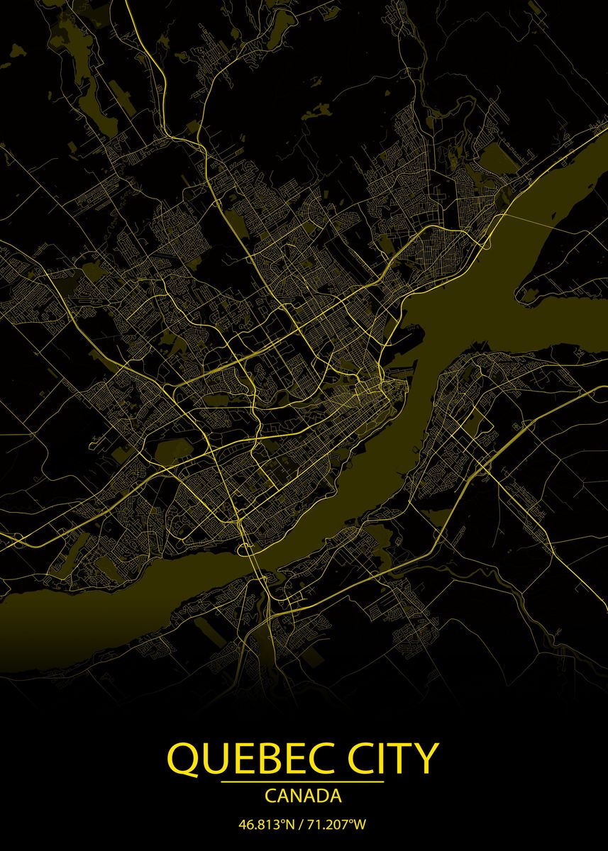 'Quebec City CA Yellow Map' Poster, picture, metal print, paint by Wall ...