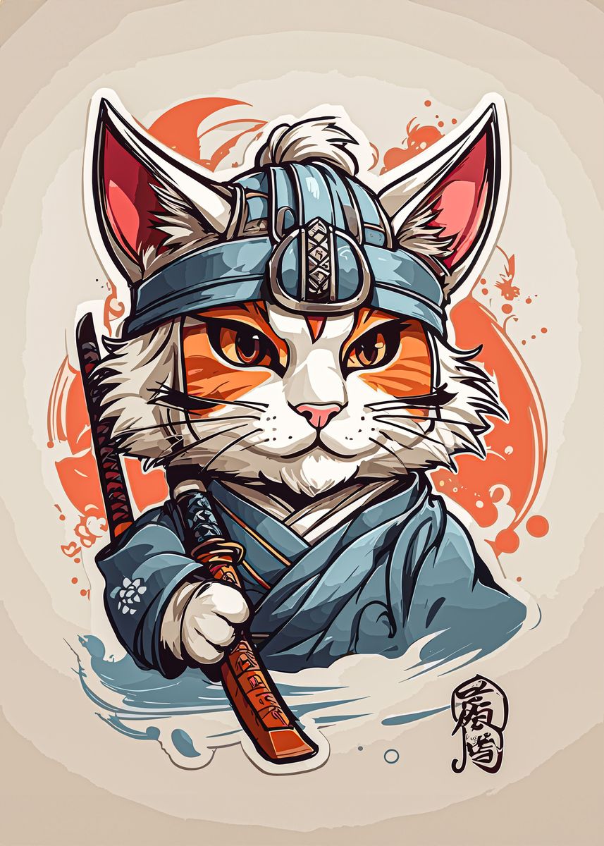 'Samurai Cat' Poster, picture, metal print, paint by designgraphic1 Art ...