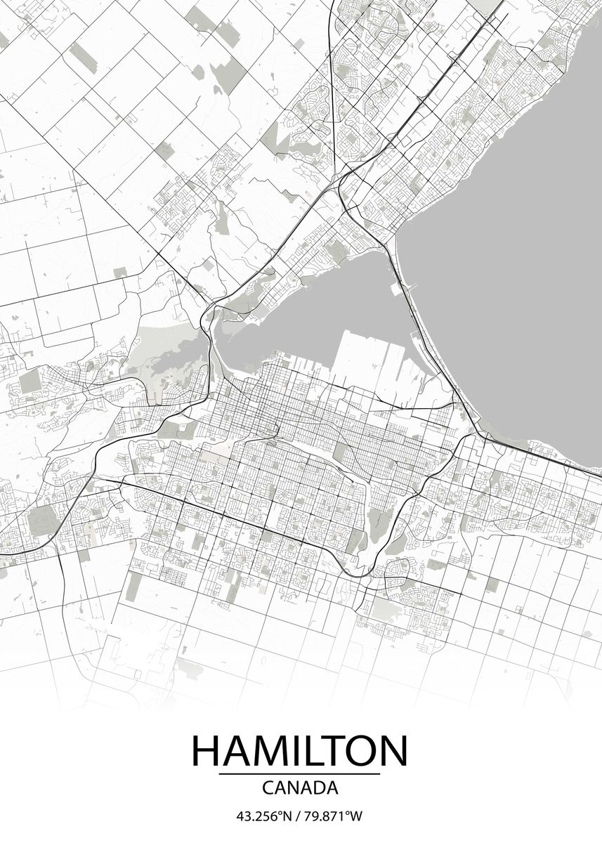 'Hamilton Ontario White Map' Poster, picture, metal print, paint by ...