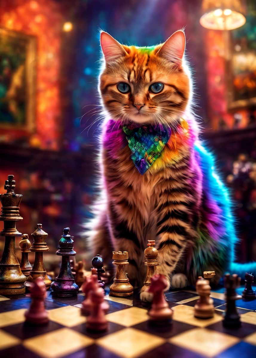'Cat playing chess' Poster, picture, metal print, paint by Masdarata ...