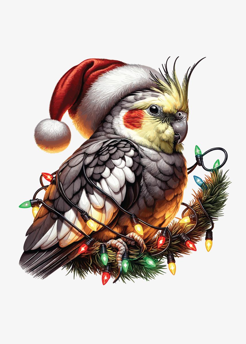 'Cockatiel Santa Hat Xmas' Poster, picture, metal print, paint by ...