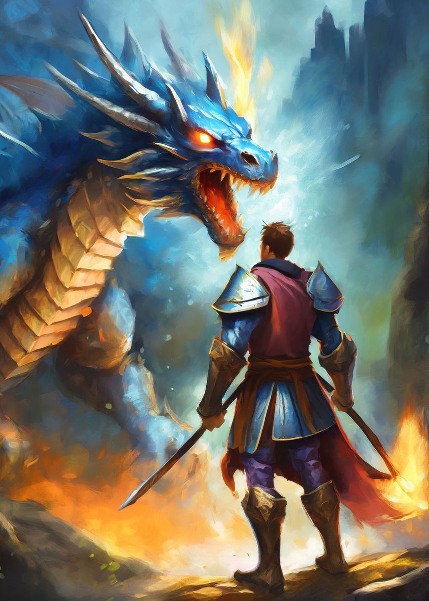 'Blue Dragon and Knight' Poster, picture, metal print, paint by ...