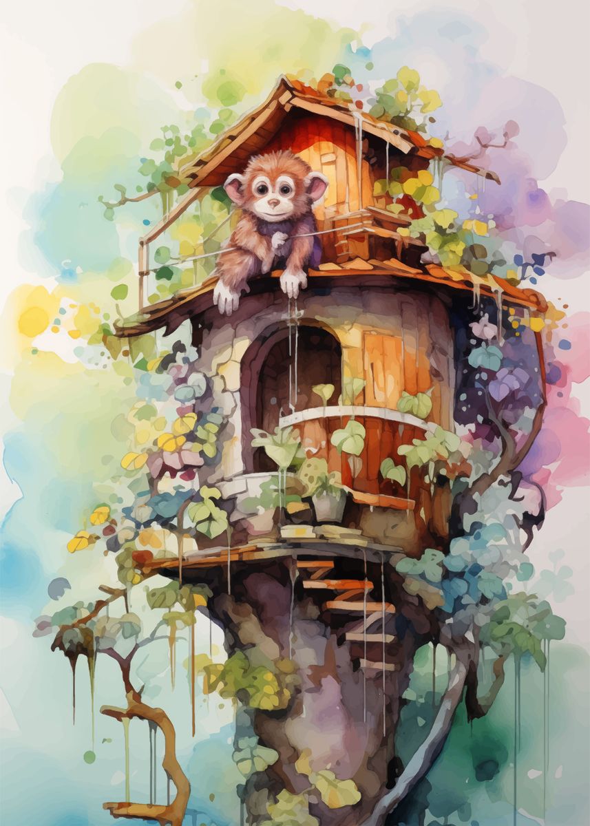 'Tree house monkey' Poster, picture, metal print, paint by P | Displate