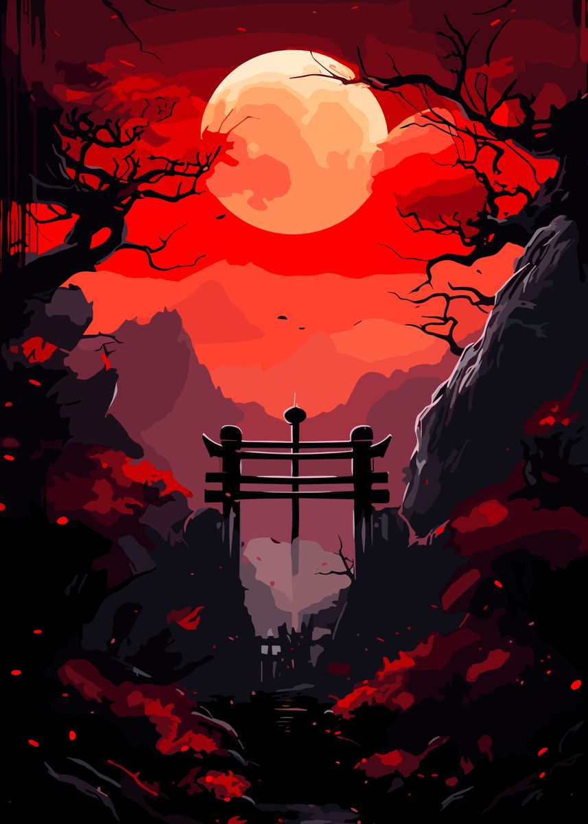 'Red Moon Japan' Poster, picture, metal print, paint by tomahoc | Displate