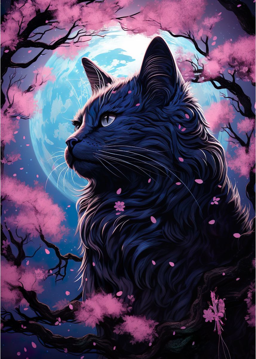 'Cat Cherry Blossom Tree' Poster, picture, metal print, paint by Candy ...