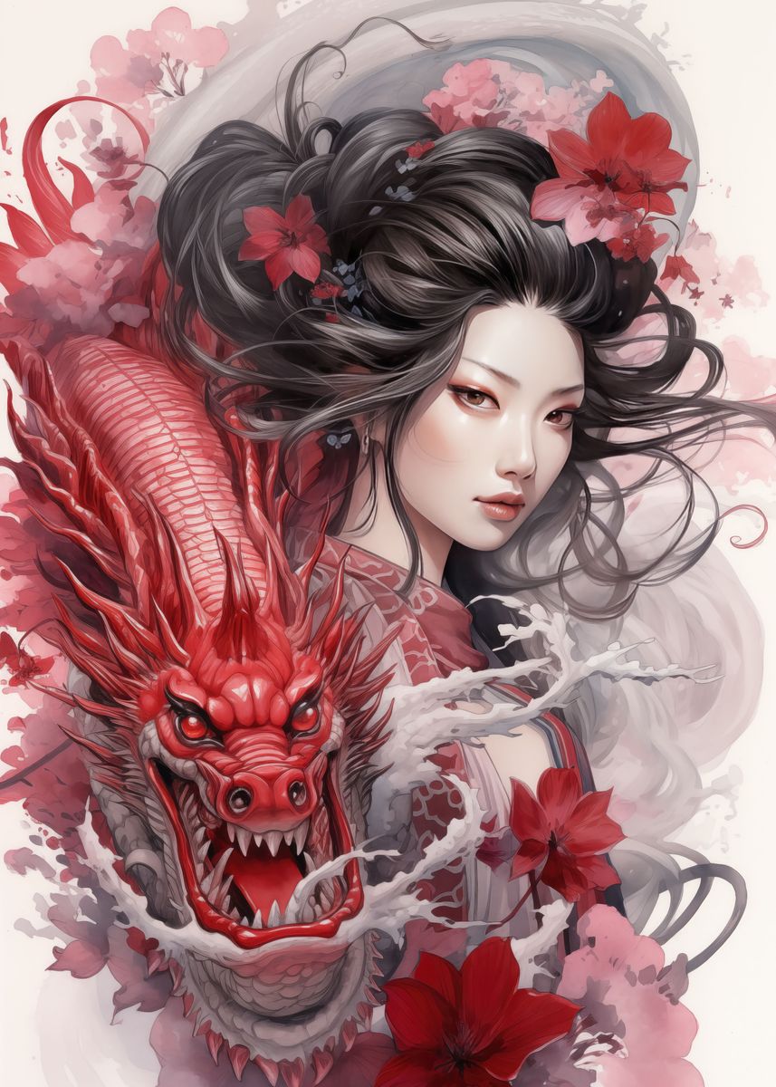 'Geisha and red Dragon' Poster, picture, metal print, paint by ...