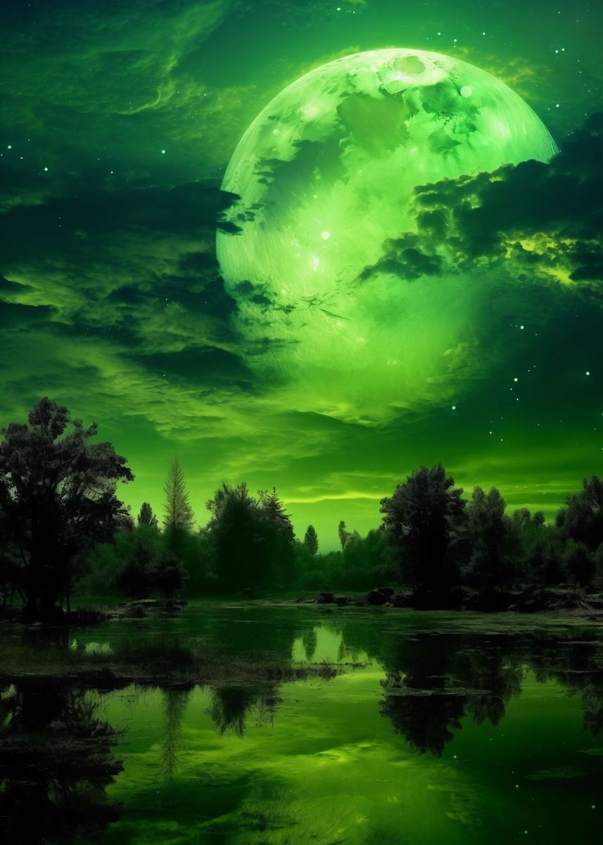 'Green Moon and Sky' Poster, picture, metal print, paint by Cybronauts ...