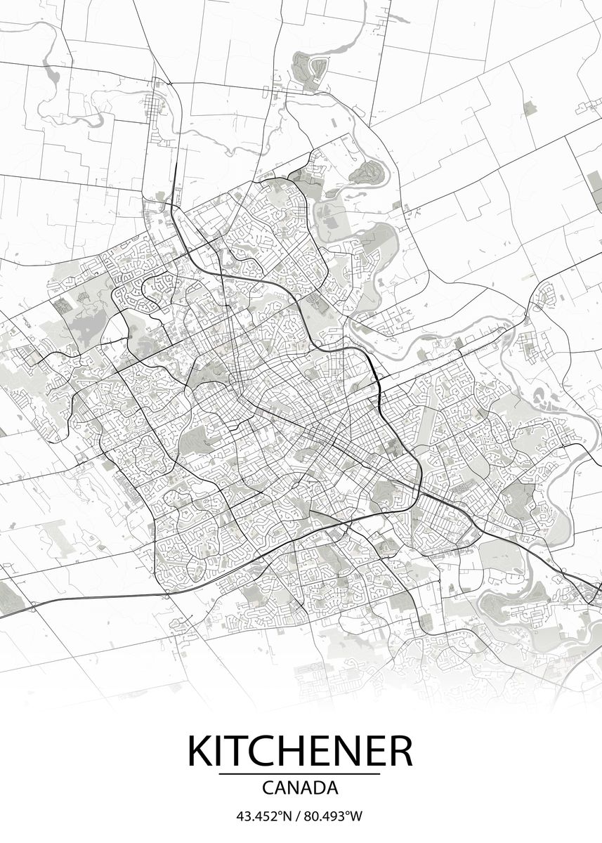 'Kitchener CA White Map' Poster, picture, metal print, paint by Wall ...