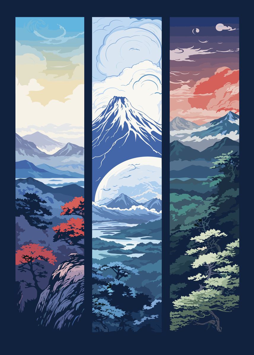 'Triple Japanese Mountains ' Poster, picture, metal print, paint by mcmtdesigns | Displate