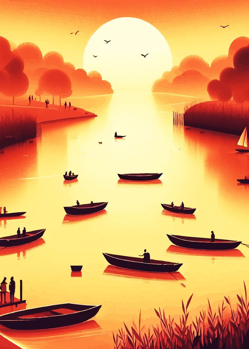 'Sunset Boating Scene' Poster, picture, metal print, paint by DREAM ART ...