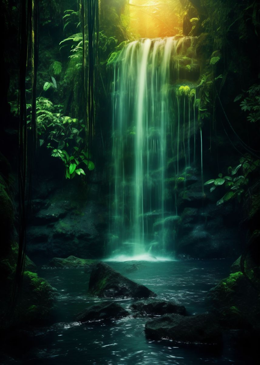 'Green Waterfall in Forest' Poster, picture, metal print, paint by ...