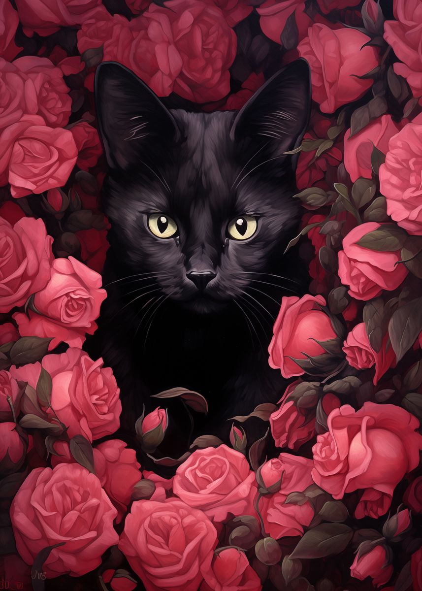 'Black Cat Hiding Roses' Poster, picture, metal print, paint by Eline ...