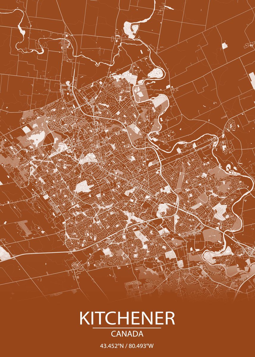 'Kitchener CA Brown Map' Poster, picture, metal print, paint by Wall ...