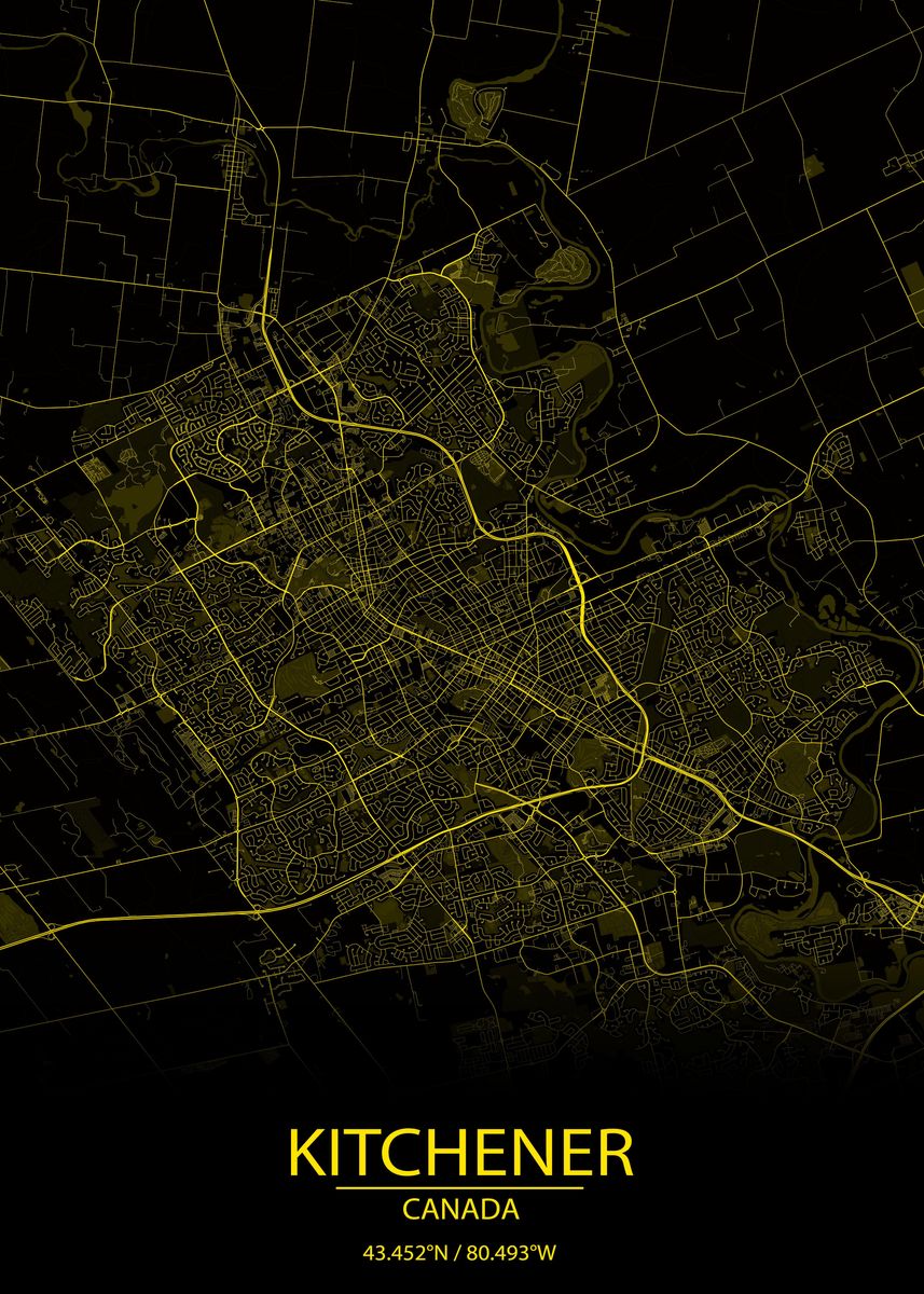 'Kitchener CA Yellow Map' Poster, picture, metal print, paint by Wall ...