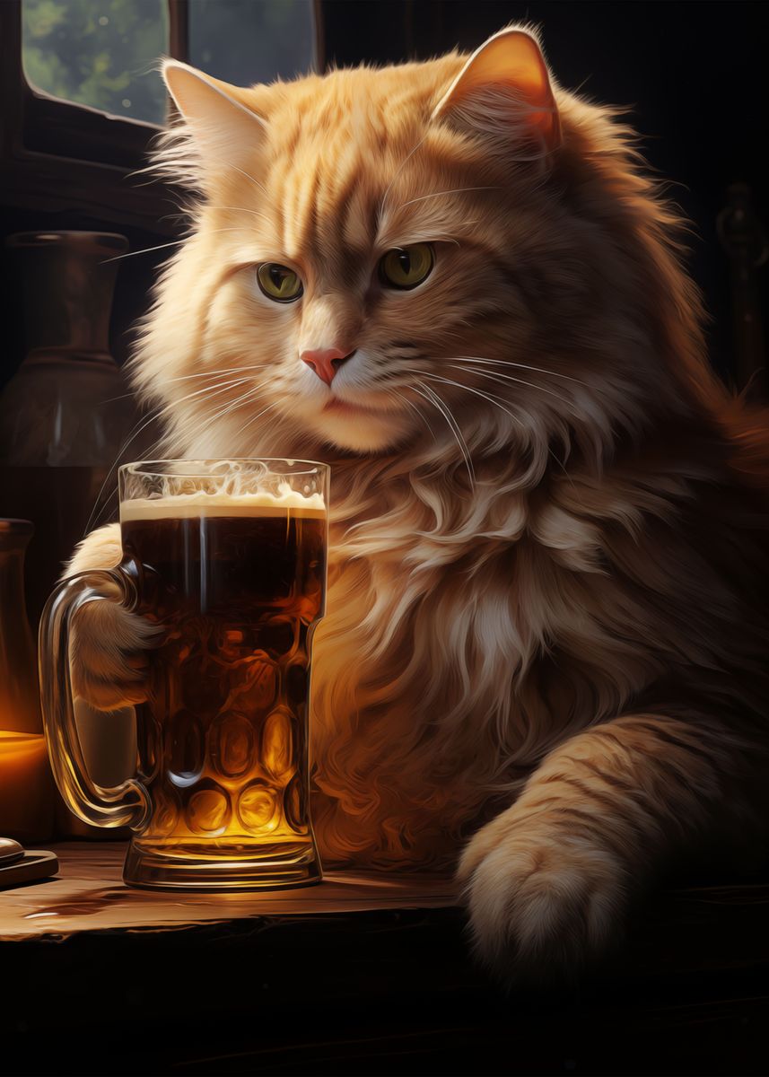 'Cat Drinking Beer' Poster, picture, metal print, paint by Nerdworld 1 ...
