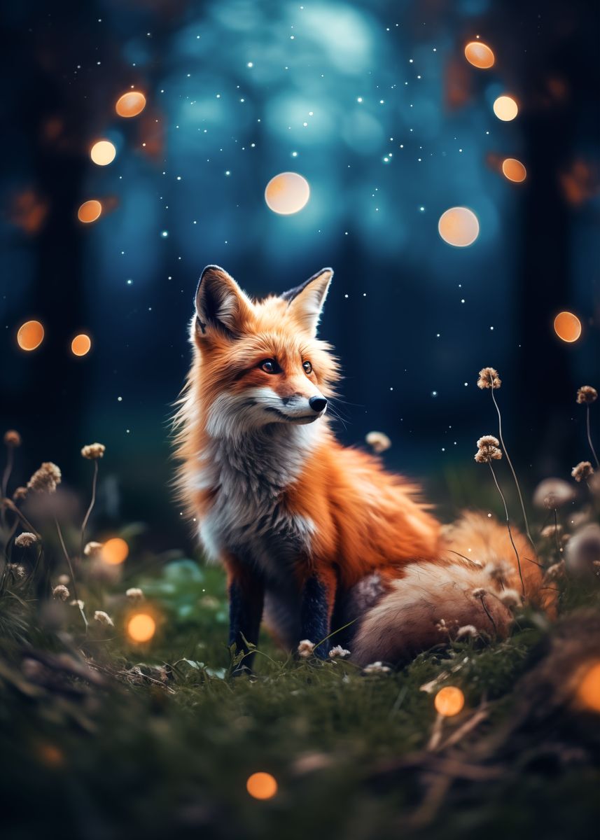 'fox at night' Poster, picture, metal print, paint by Adel S | Displate