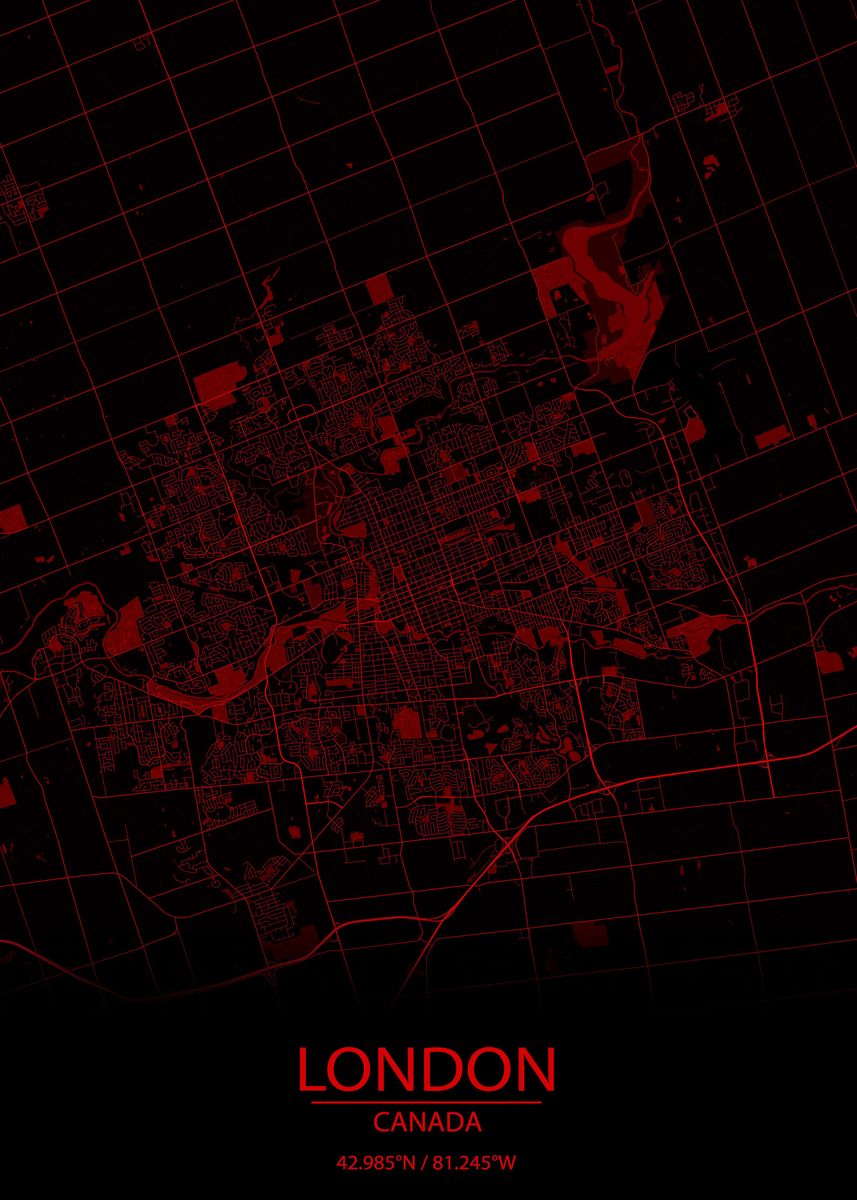 'London Ontario Red Map' Poster, picture, metal print, paint by Wall ...