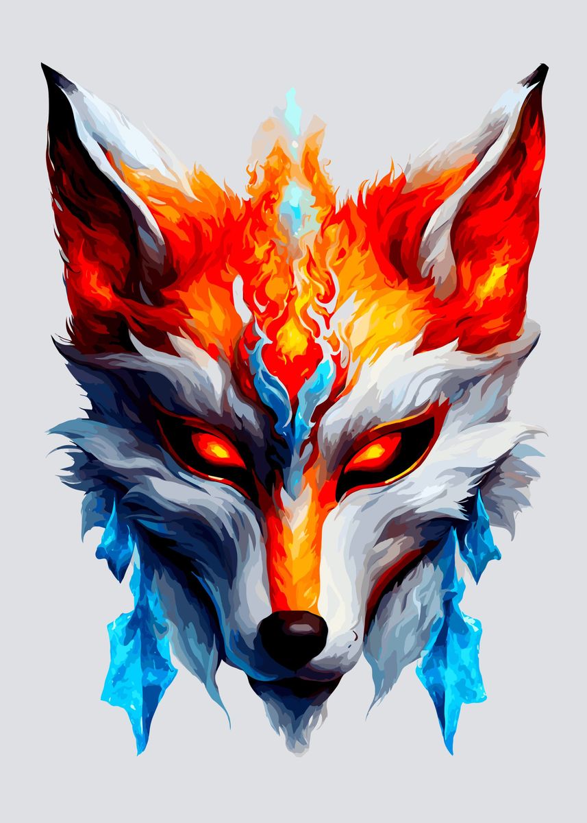'Fire and Ice Fox Animal' Poster, picture, metal print, paint by Art Jiyuu | Displate