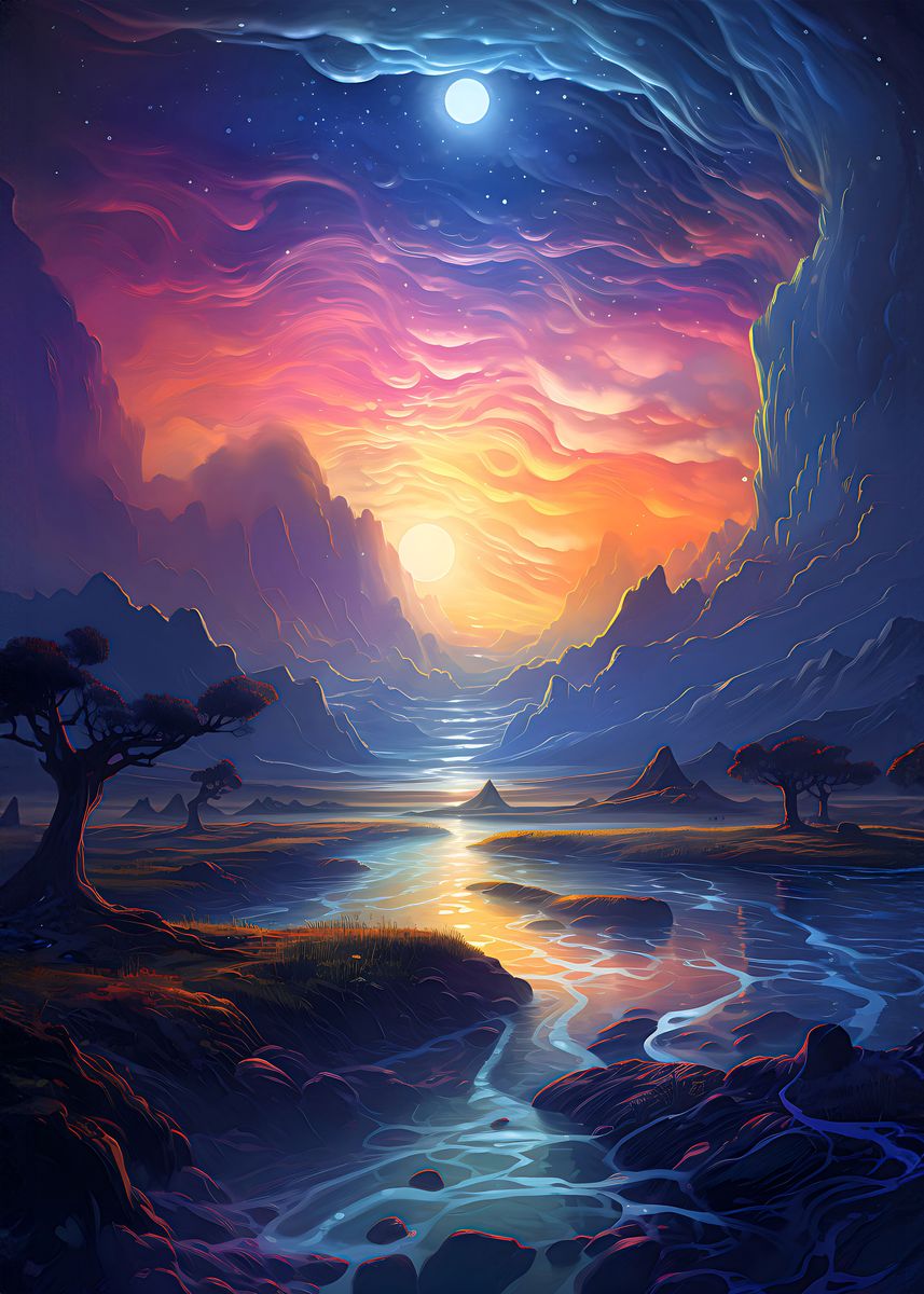 'Magic River' Poster, picture, metal print, paint by Elena | Displate