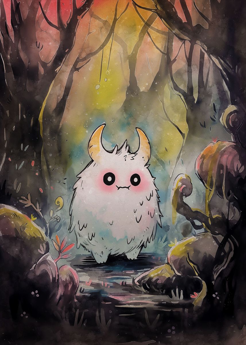 'Adorable monster in forest' Poster, picture, metal print, paint by ...