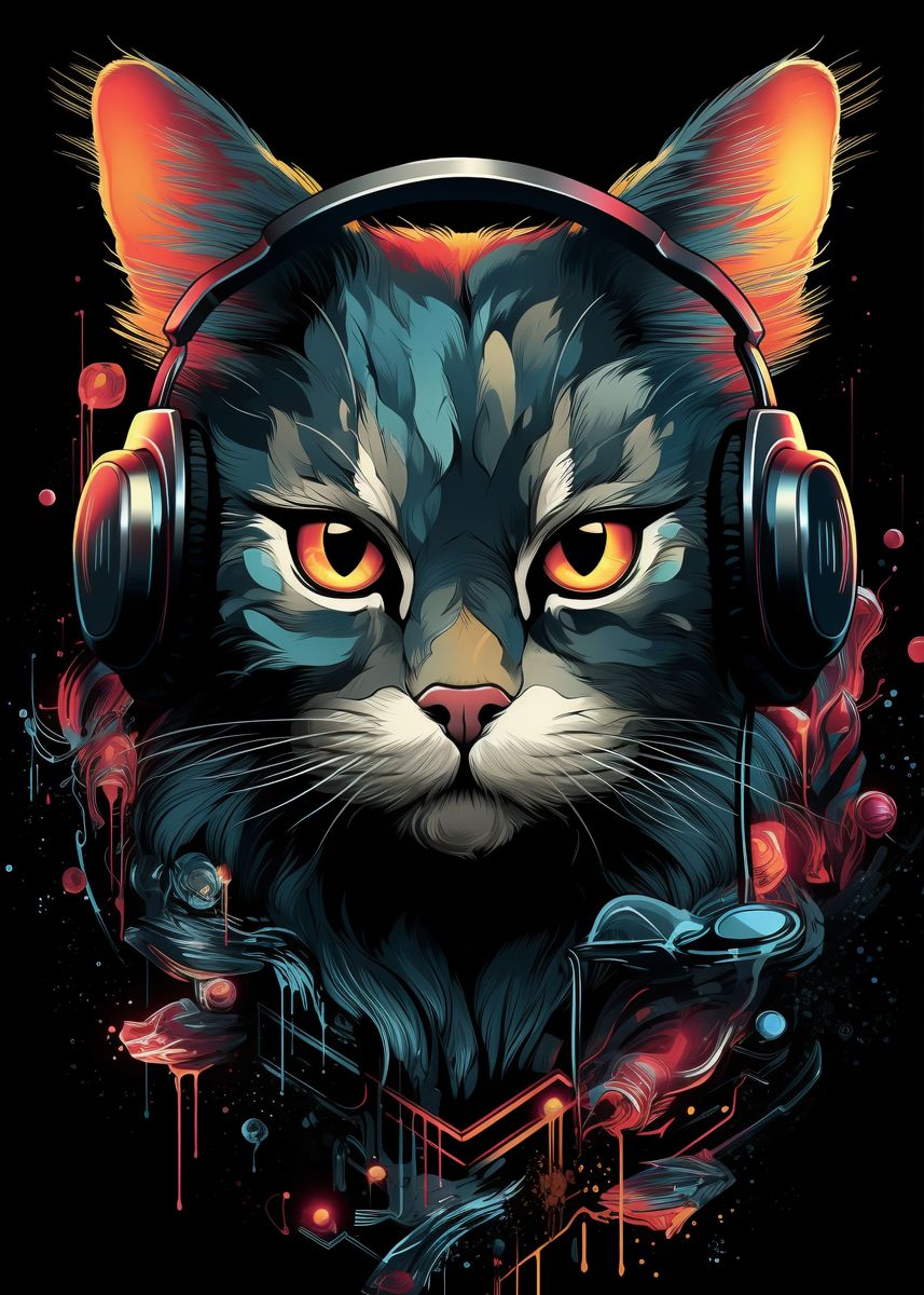 'Cool Cat with Headphones' Poster, picture, metal print, paint by ...