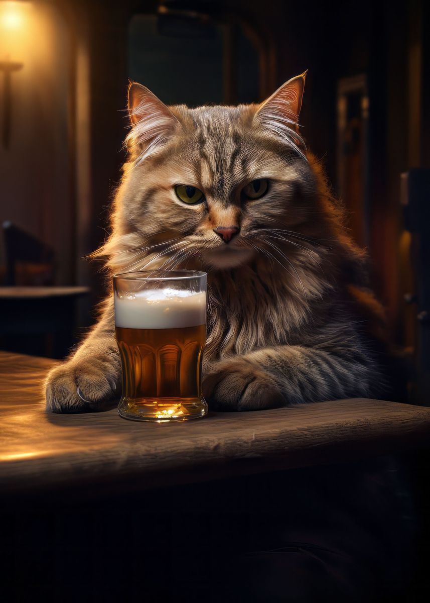 'Cat With Beer' Poster, picture, metal print, paint by FavoritePlates ...