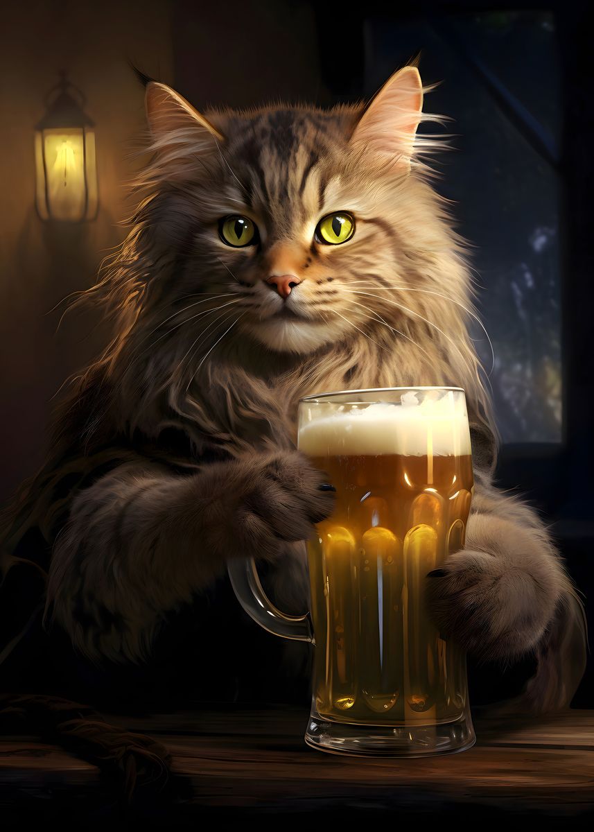 'Funny Tavern Cat With Beer' Poster, picture, metal print, paint by ...