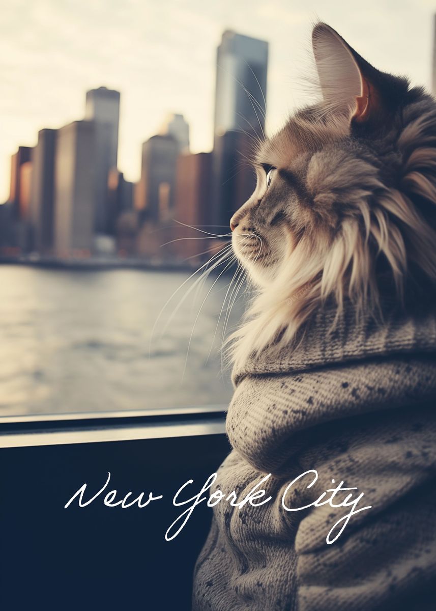 'Beautiful Cat NYC view' Poster, picture, metal print, paint by LVTFCO ...