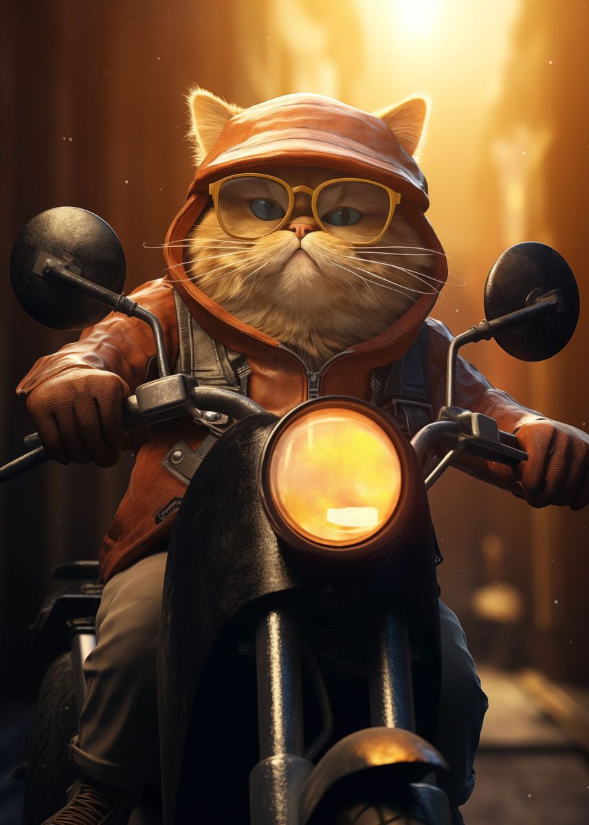 'Fat Cat Riding Motorcycle' Poster, picture, metal print, paint by ...