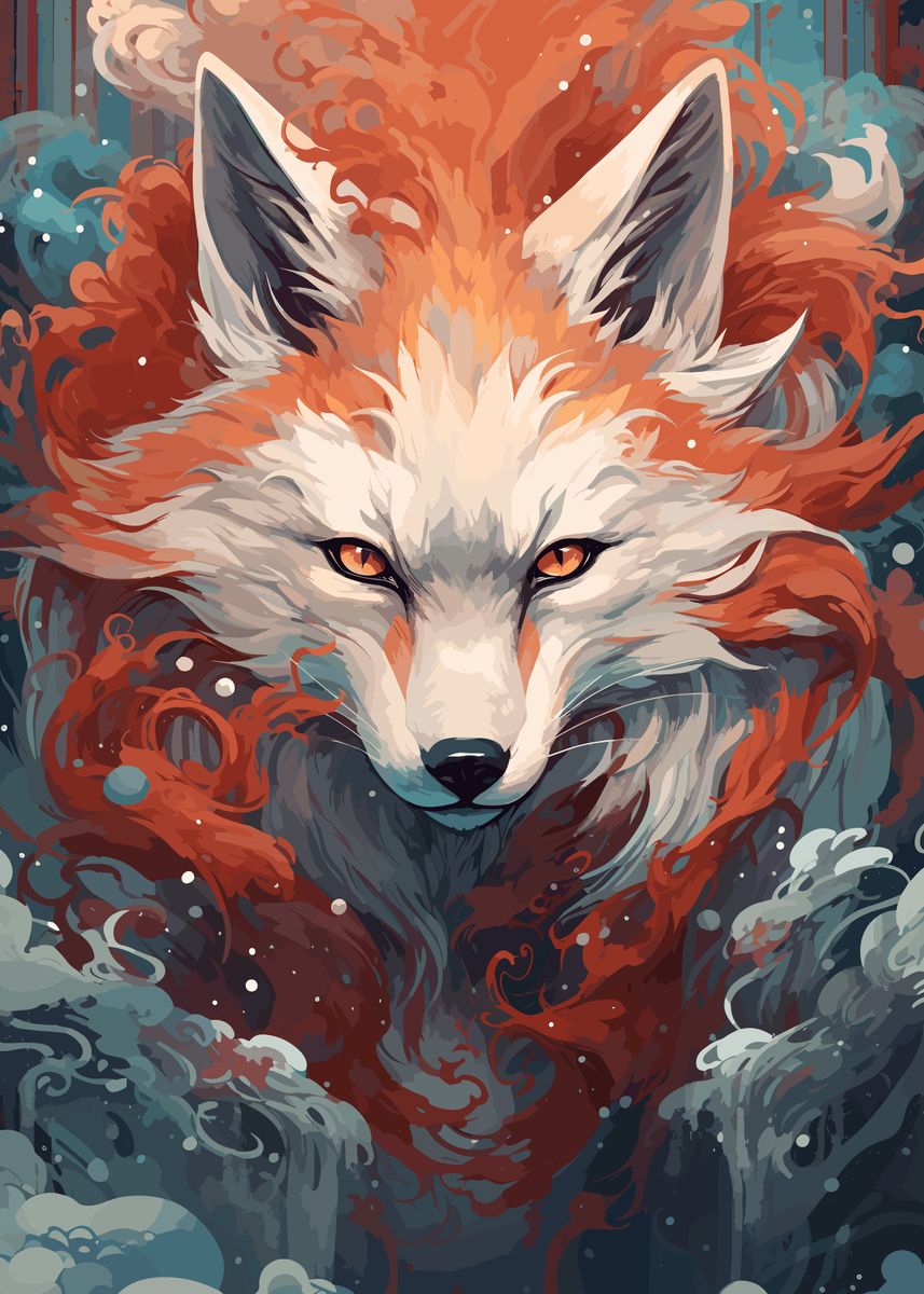 'Japanese Fox Art Red Fire' Poster, picture, metal print, paint by ...