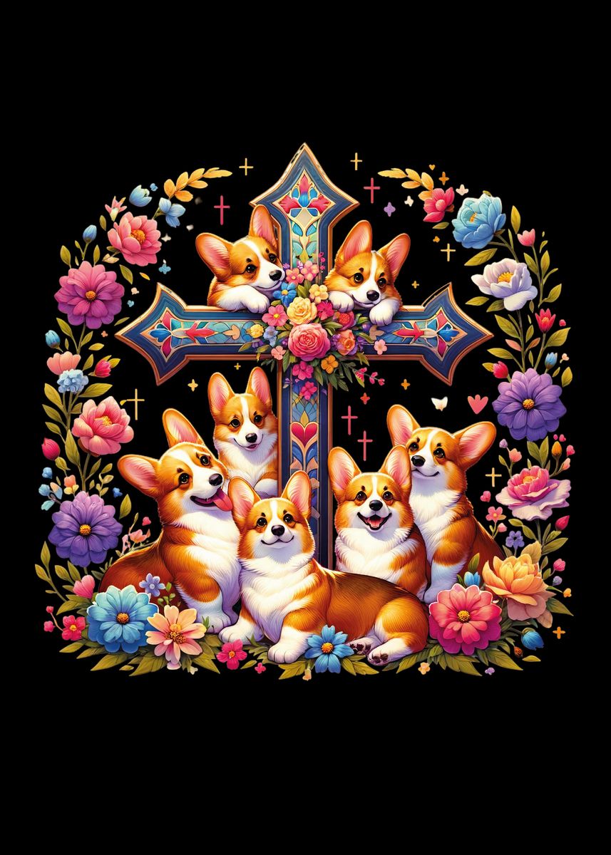 'Corgis On Christian Cross' Poster, picture, metal print, paint by ...