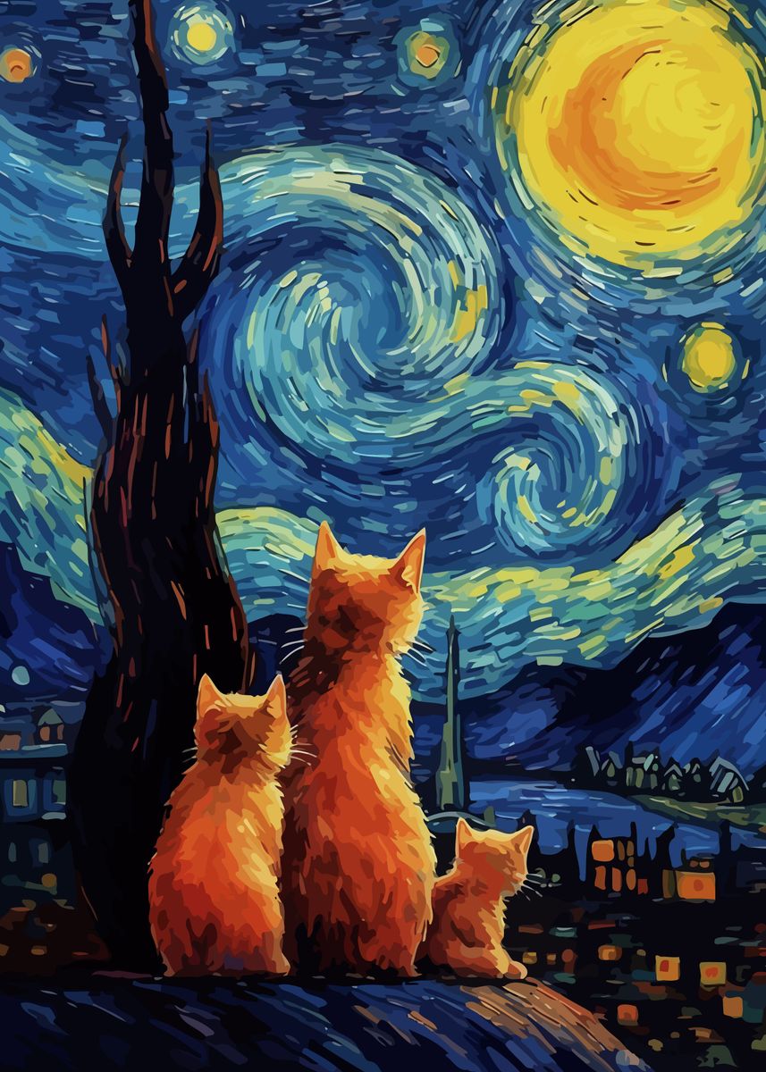 'Starry Night Cat' Poster, picture, metal print, paint by Space Nature ...