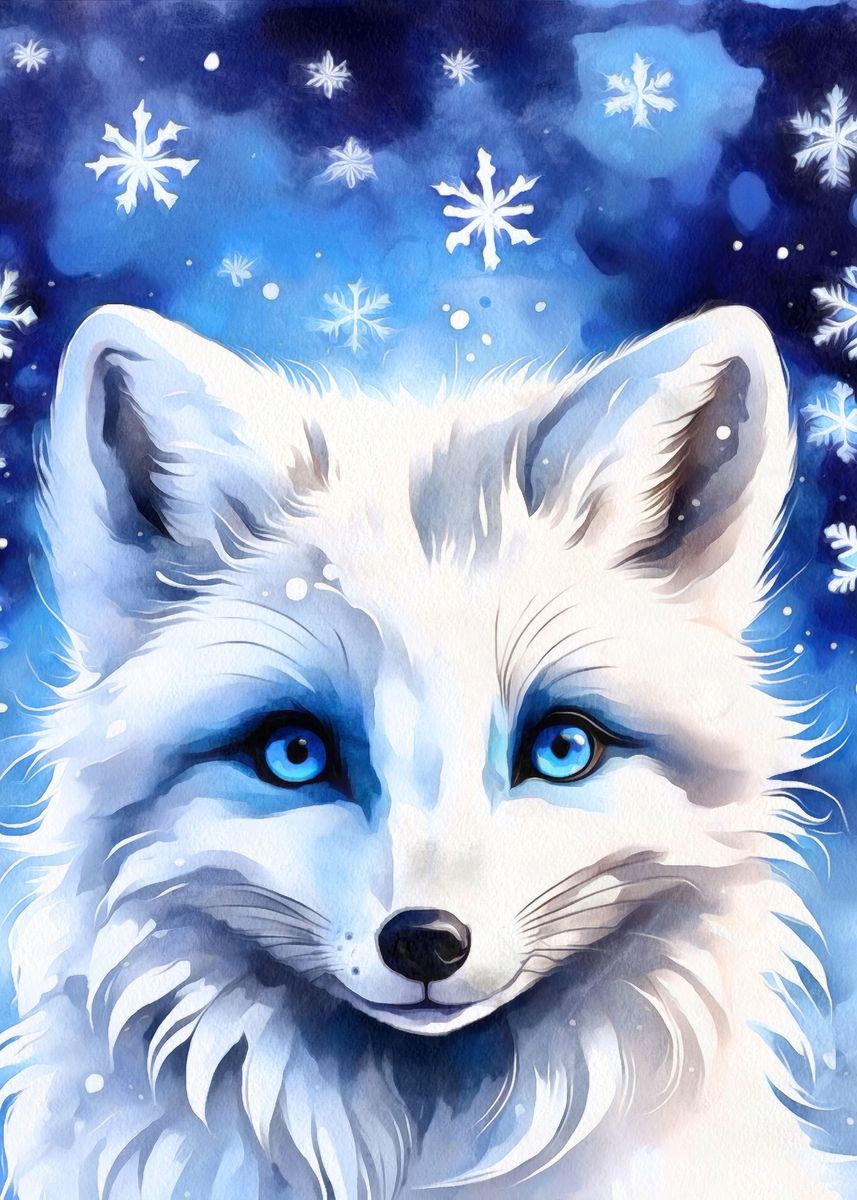 'Arctic fox with snowflakes' Poster, picture, metal print, paint by ...