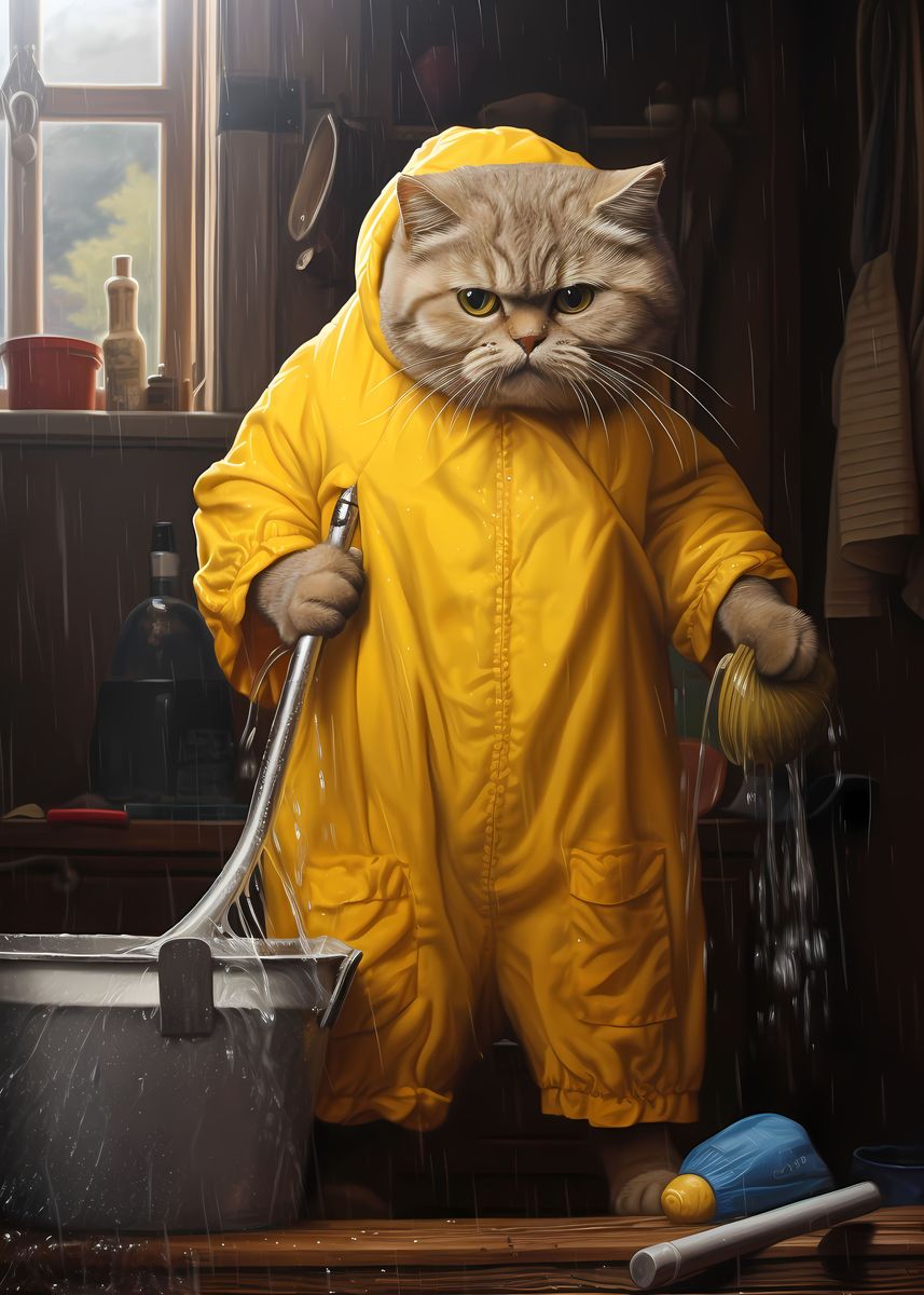 'Fat Cat Cleaning Bathroom' Poster, picture, metal print, paint by ...