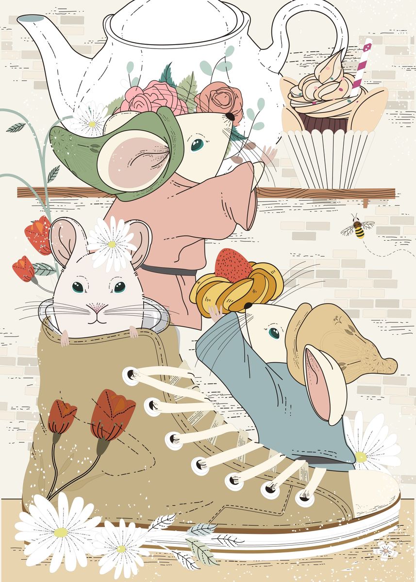 'Mice flowers ' Poster, picture, metal print, paint by Biliacci | Displate