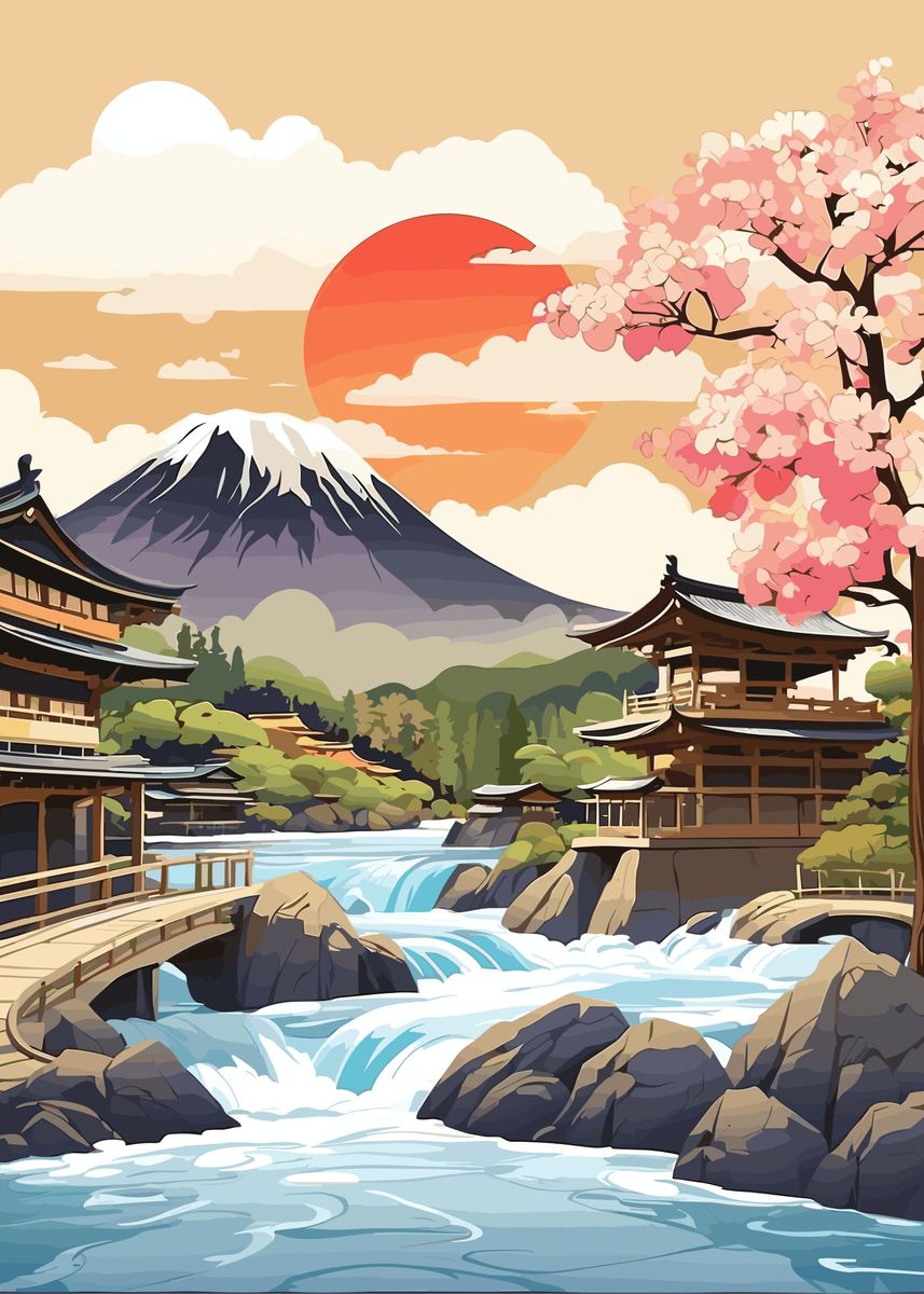 'Japanese Mountain Sunrise' Poster, picture, metal print, paint by ...