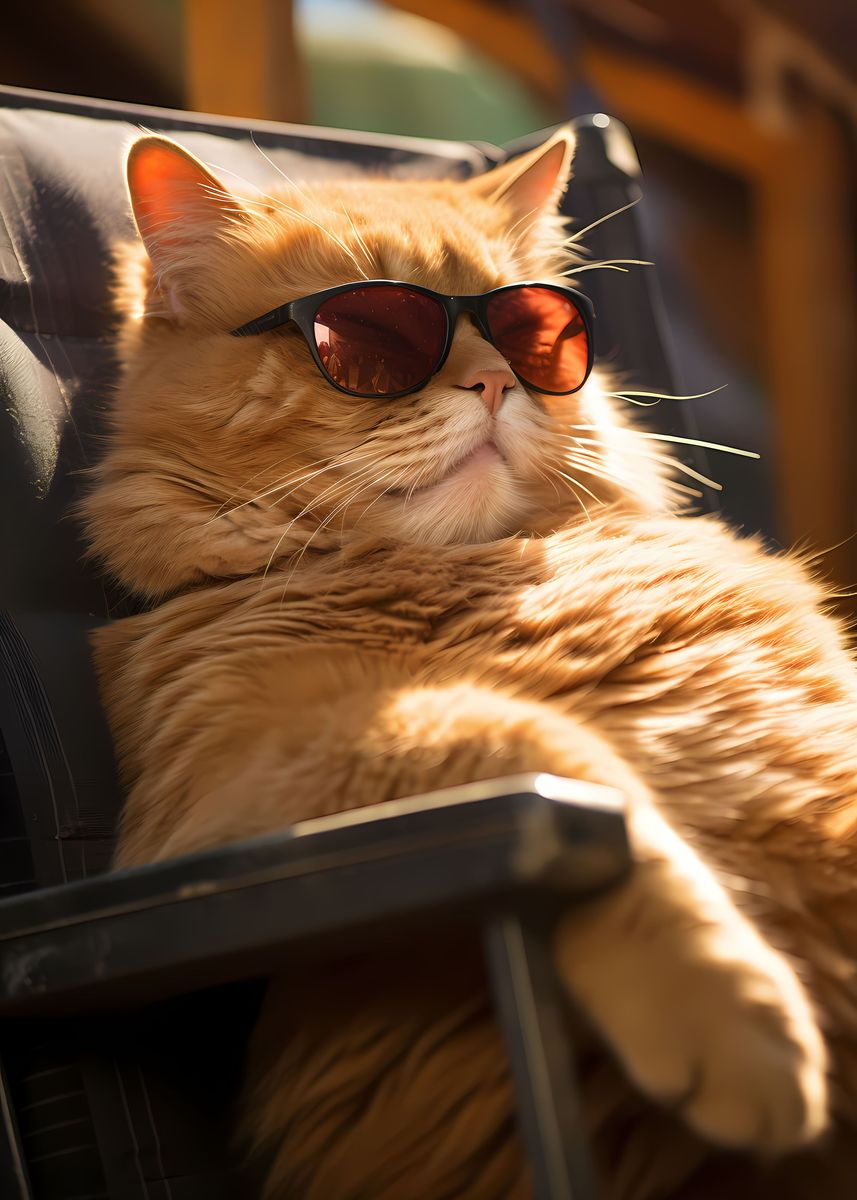 'Fat Cat Chilling Sun Beach' Poster, picture, metal print, paint by ...