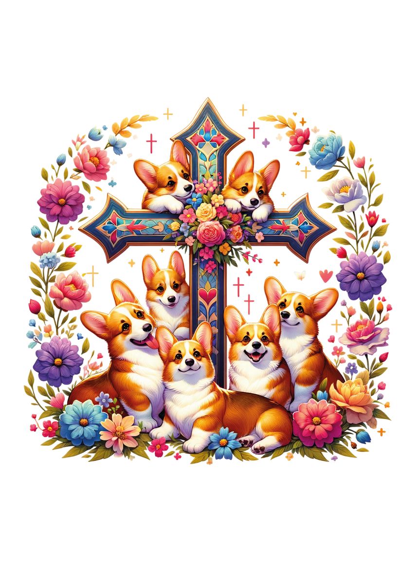 'Corgis On Christian Cross' Poster, picture, metal print, paint by ...