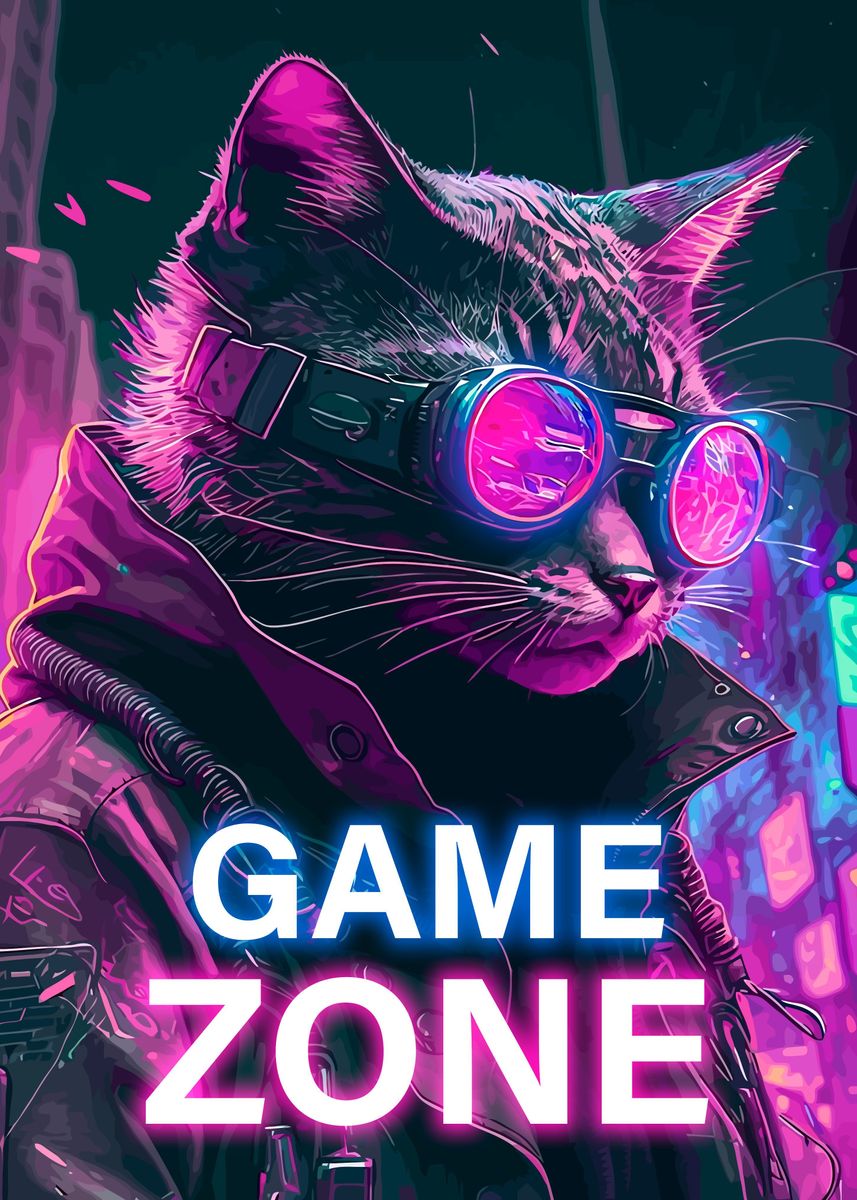 'Game Zone Neon Cat' Poster, picture, metal print, paint by Animal ...